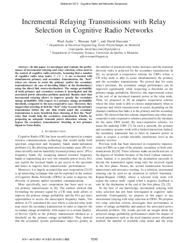 (PDF) Incremental relaying transmissions with relay selection in cognitive radio networks | Wael ...