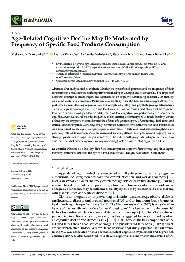 Pdf Age Related Cognitive Decline May Be Moderated By Frequency Of Specific Food Products
