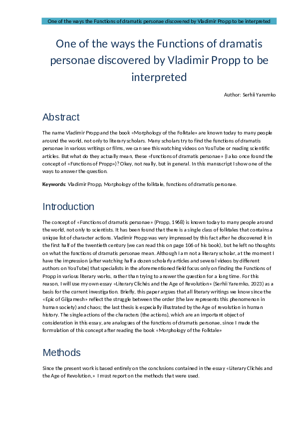 (PDF) One of the Ways the Functions of Dramatis Personae Discovered by ...