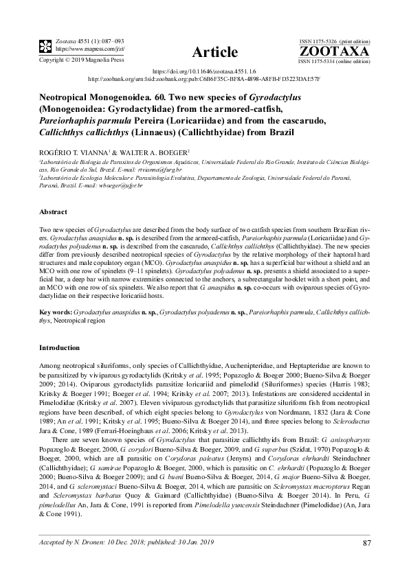 (PDF) Neotropical Monogenoidea. 60. Two new species of Gyrodactylus ...