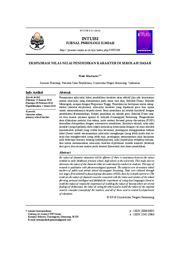 (PDF) Intuisi Eksplorasi Nilai-Nilai Pendidikan Karakter DI Sekolah Dasar