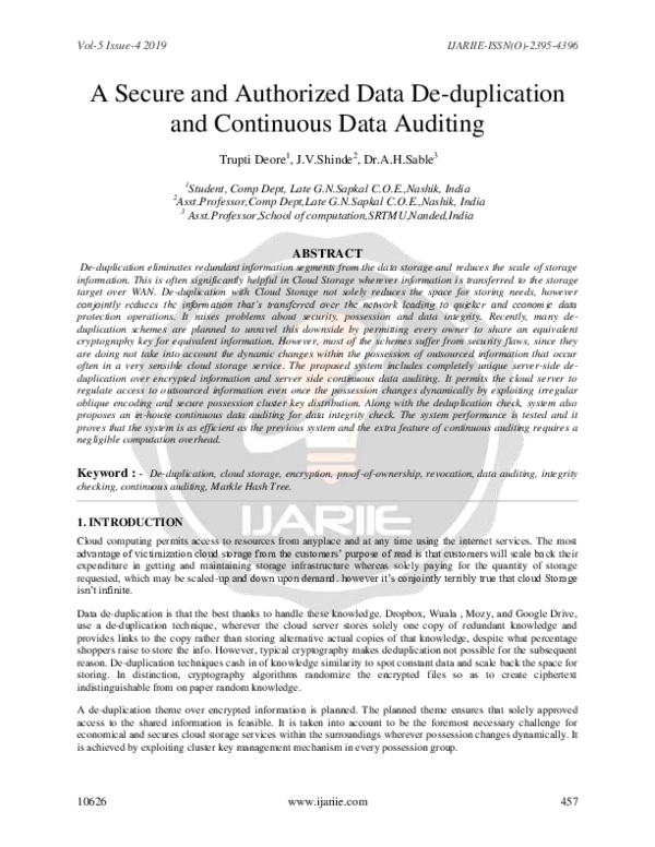 Pdf A Secure And Authorized Data De Duplication And Continuous Data Auditing