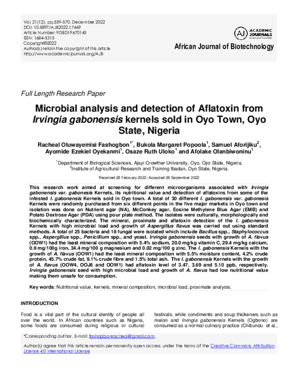 (PDF) Microbial analysis and detection of Aflatoxin from Irvingia gabonensis kernels sold in Oyo ...
