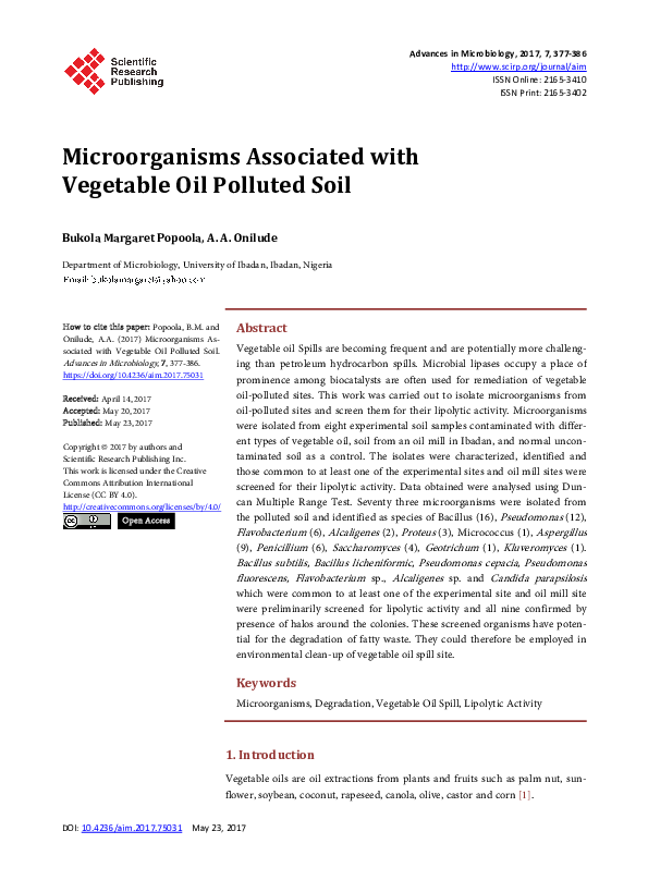 (PDF) Microorganisms Associated with Vegetable Oil Polluted Soil