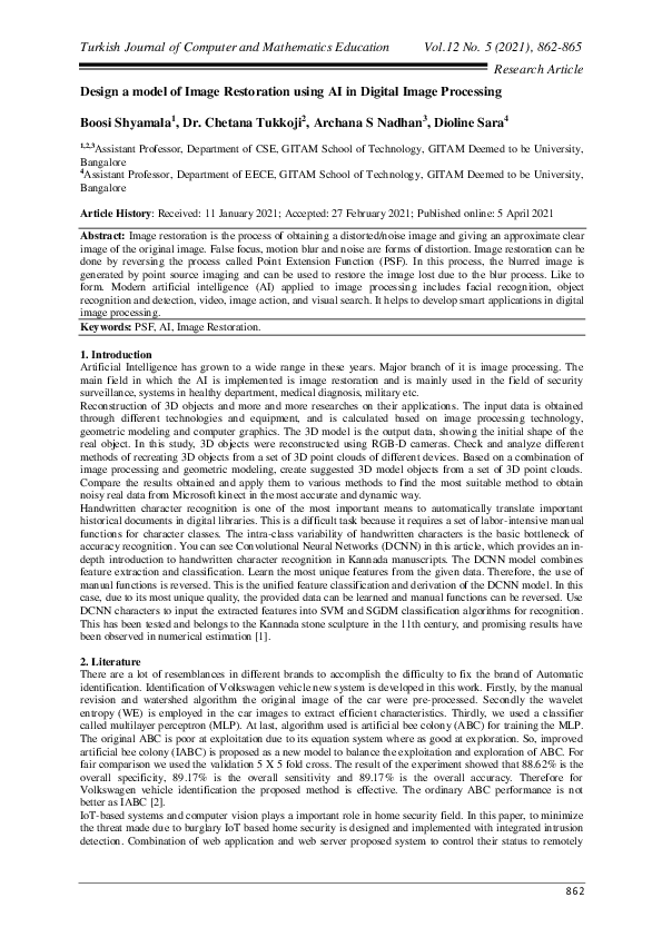 (PDF) Design a model of Image Restoration using AI in Digital Image Processing