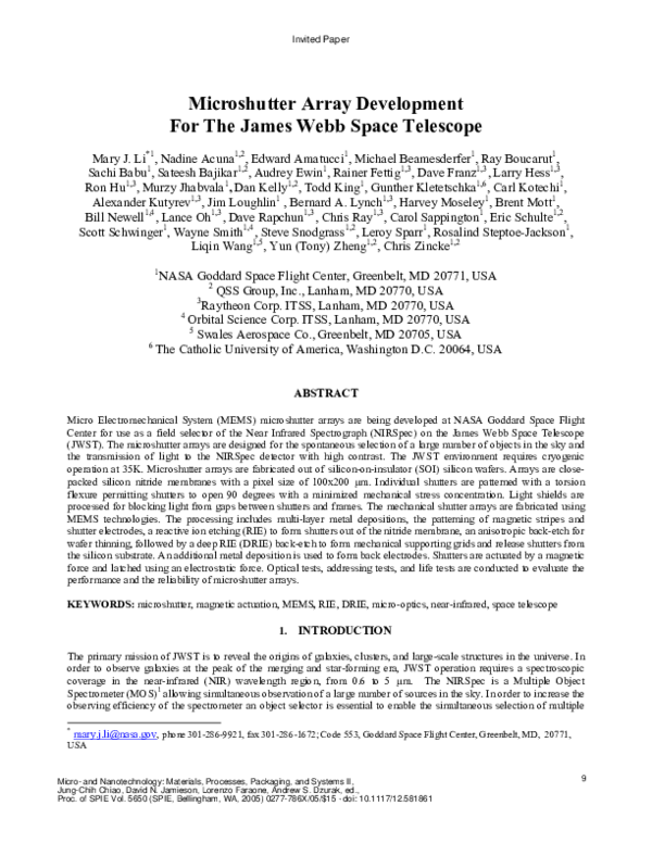 (PDF) Microshutter array development for the James Webb space telescope