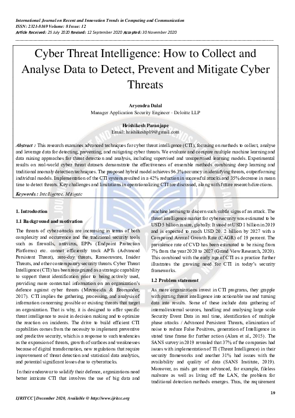 Pdf Cyber Threat Intelligence How To Collect And Analyse Data To Detect Prevent And Mitigate