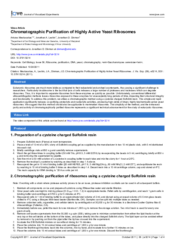 (PDF) Chromatographic Purification of Highly Active Yeast Ribosomes