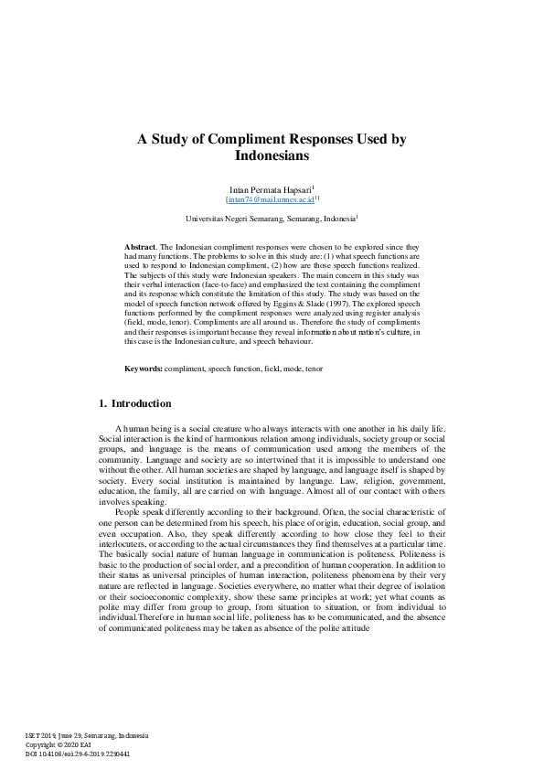 (PDF) A Study of Compliment Responses Used by Indonesians | Intan Permata Hapsari - Academia.edu