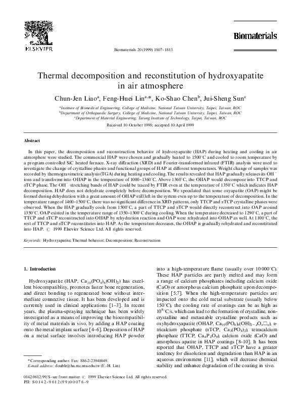 (PDF) Thermal decomposition and reconstitution of hydroxyapatite in air ...