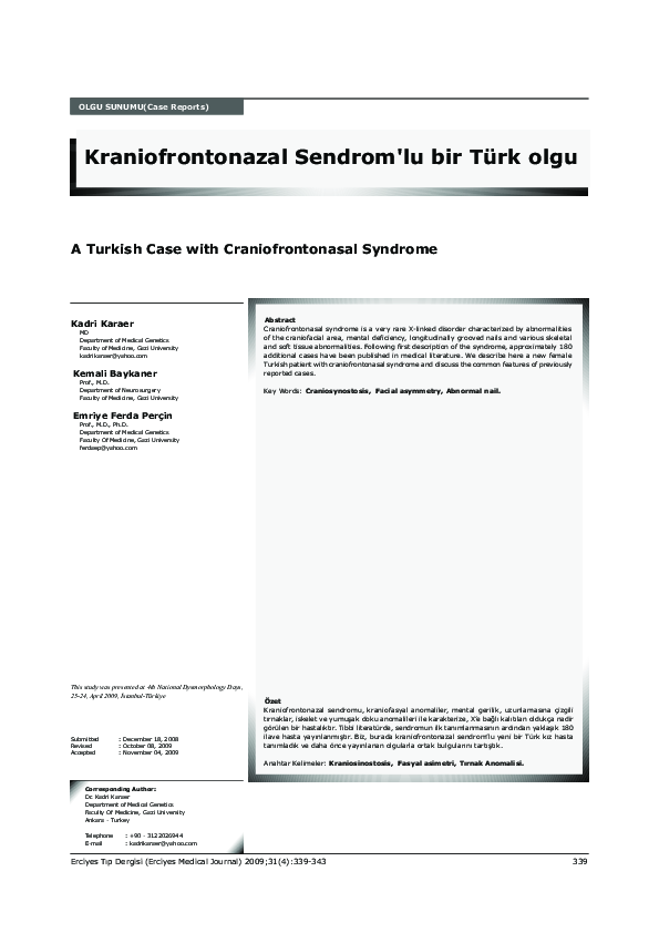 (PDF) A Turkish case with craniofrontonasal syndrome | Ferda Percin ...