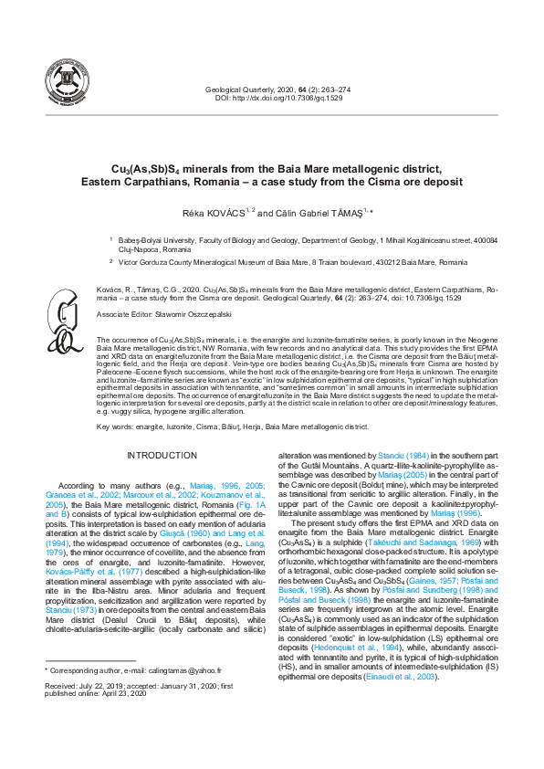 (PDF) Cu3(As,Sb)S4 minerals from the Baia Mare metallogenic district ...