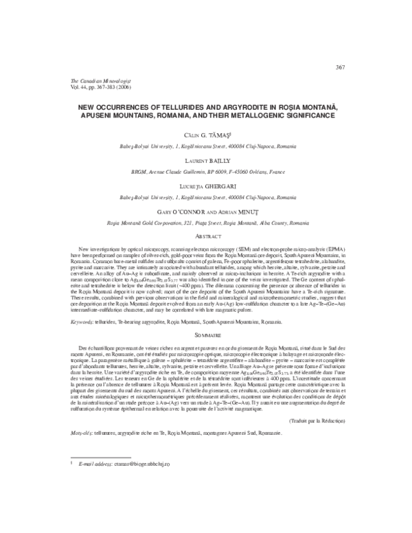 (PDF) New Occurrences of Tellurides and Argyrodite in Rosia Montan A ...