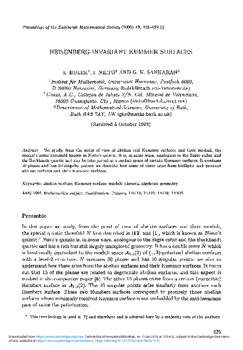(PDF) Heisenberg-invariant kummer surfaces
