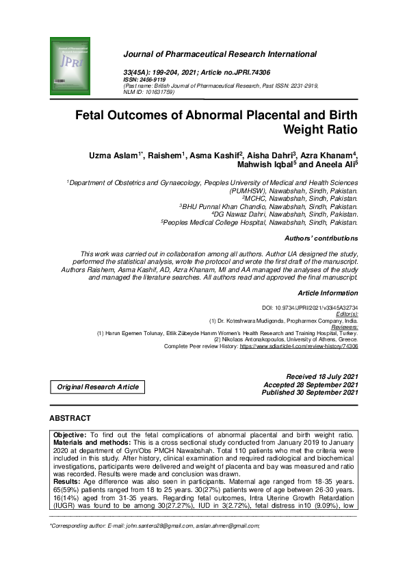 (PDF) Fetal Outcomes of Abnormal Placental and Birth Weight Ratio