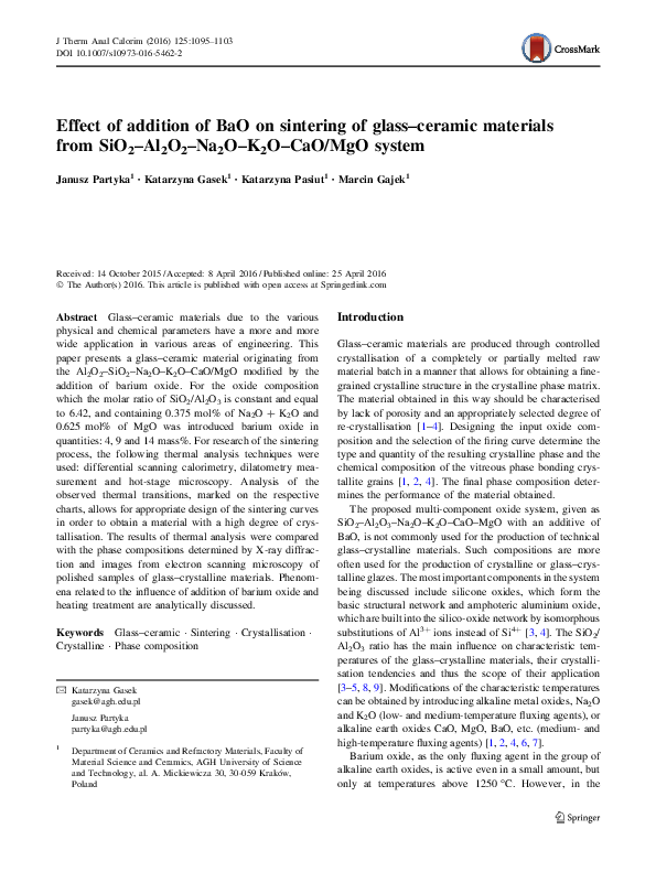 (PDF) Effect of addition of BaO on sintering of glass–ceramic materials from SiO2–Al2O2–Na2O–K2O ...