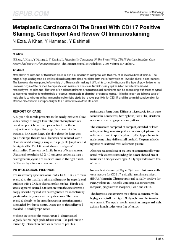 (PDF) Metaplastic Carcinoma Of The Breast With CD117 Positive Staining ...