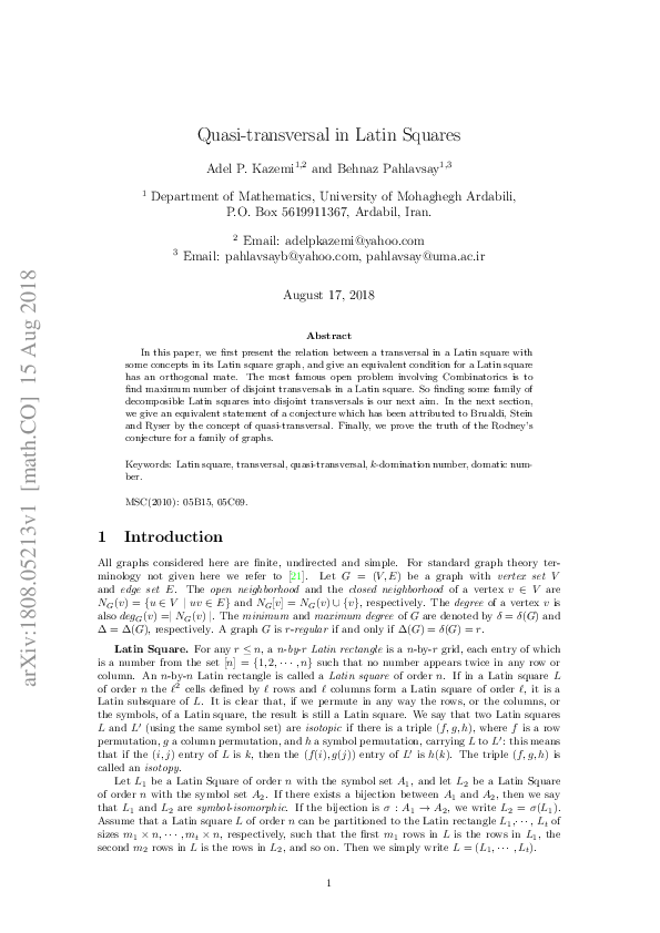 (PDF) Quasi-transversal in Latin Squares