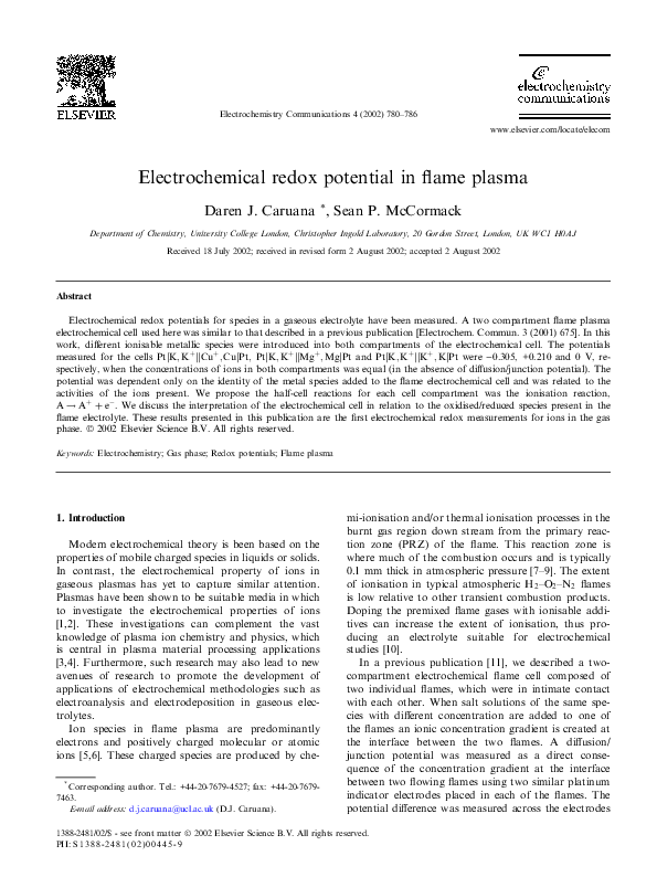(PDF) Electrochemical redox potential in flame plasma