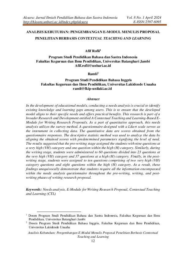 (PDF) Analisis Kebutuhan: Pengembangan E-Modul Menulis Proposal Penelitian Berbasis Contextual ...