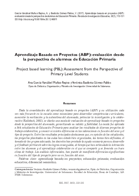 (PDF) Aprendizaje Basado en Proyectos (ABP): evaluación desde la perspectiva de alumnos de ...