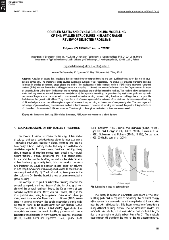 (PDF) Coupled Static and Dynamic Buckling Modelling of Thin-Walled Structures in Elastic Range ...