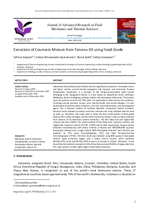 (PDF) Extraction of Coumarin Mixture from Tamanu Oil using Food-Grade
