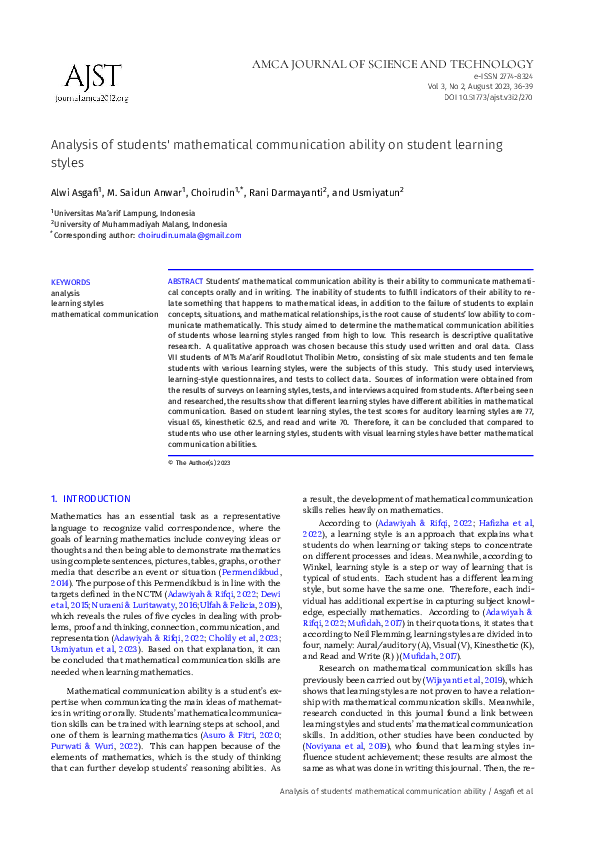 (PDF) Analysis of students' mathematical communication ability on student learning styles