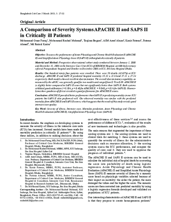 (PDF) A Comparison of Severity Systems APACHE II and SAPS II in ...