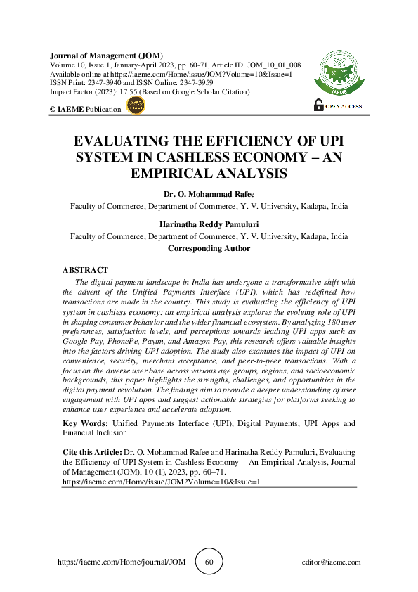 (PDF) EVALUATING THE EFFICIENCY OF UPI SYSTEM IN CASHLESS ECONOMY – AN EMPIRICAL ANALYSIS
