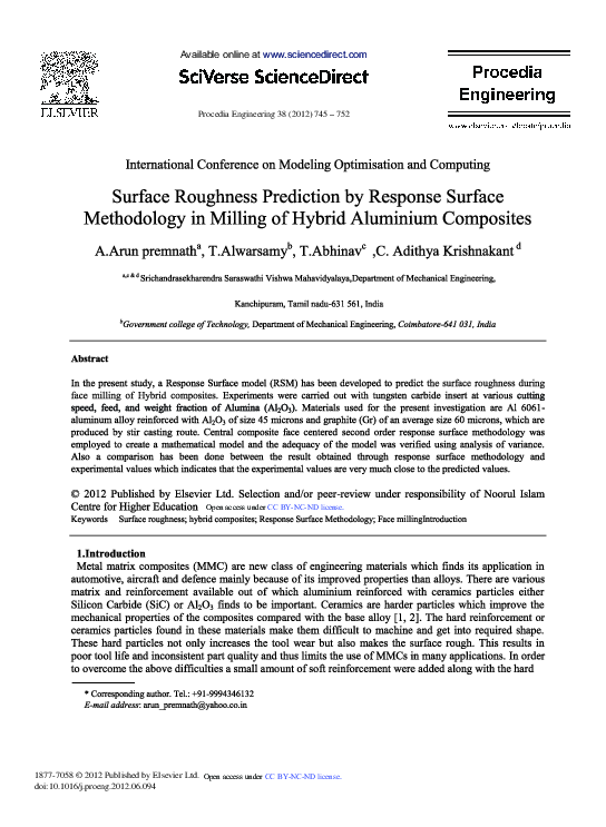 (PDF) Surface Roughness Prediction by Response Surface Methodology in Milling of Hybrid ...