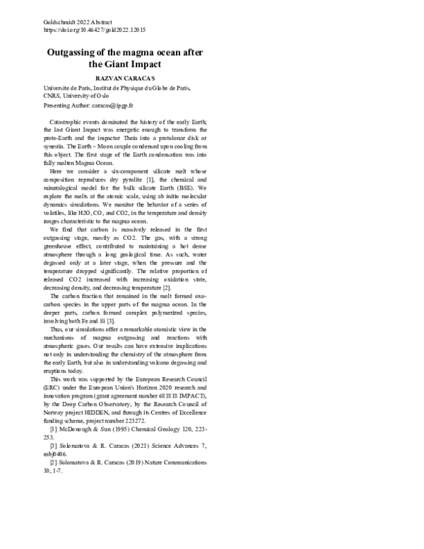 (PDF) Outgassing of the magma ocean after the Giant Impact