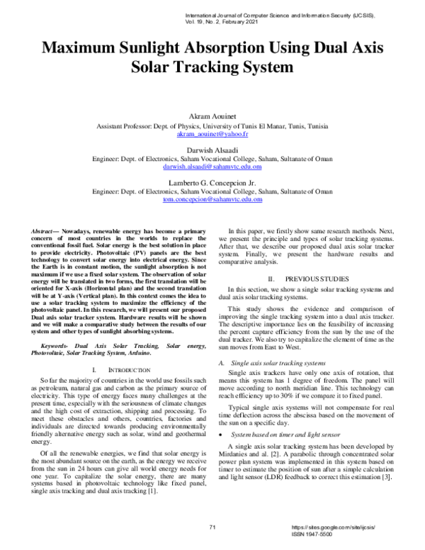 (PDF) Maximum Sunlight Absorption Using Dual Axis Solar Tracking System