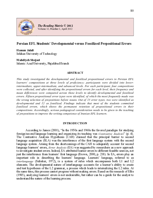 (PDF) Persian EFL Students' Developmental versus Fossilized Prepositional Errors