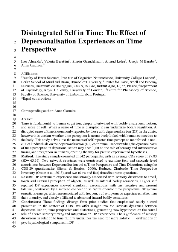 (PDF) Disintegrated Self in Time: The Effect of Depersonalisation ...