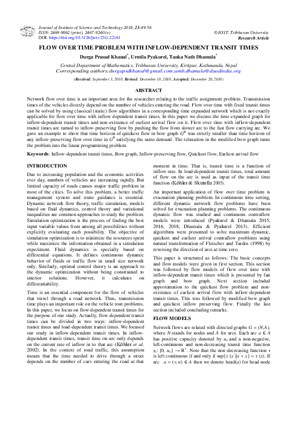 (PDF) Flow Over Time Problem with Inflow-Dependent Transit Times