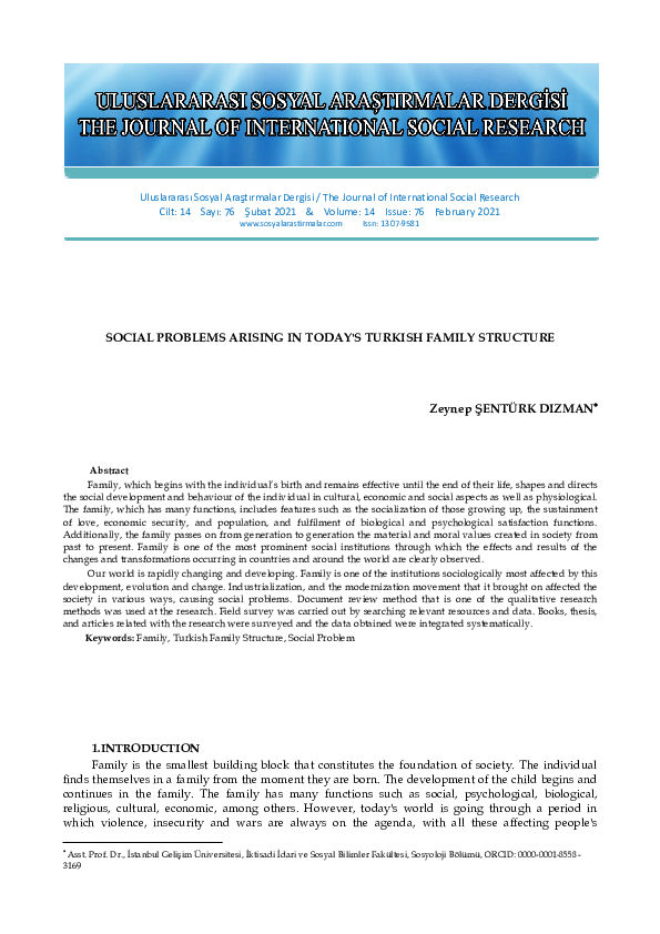 (PDF) SOCIAL PROBLEMS ARISING IN TODAY'S TURKISH FAMILY STRUCTURE