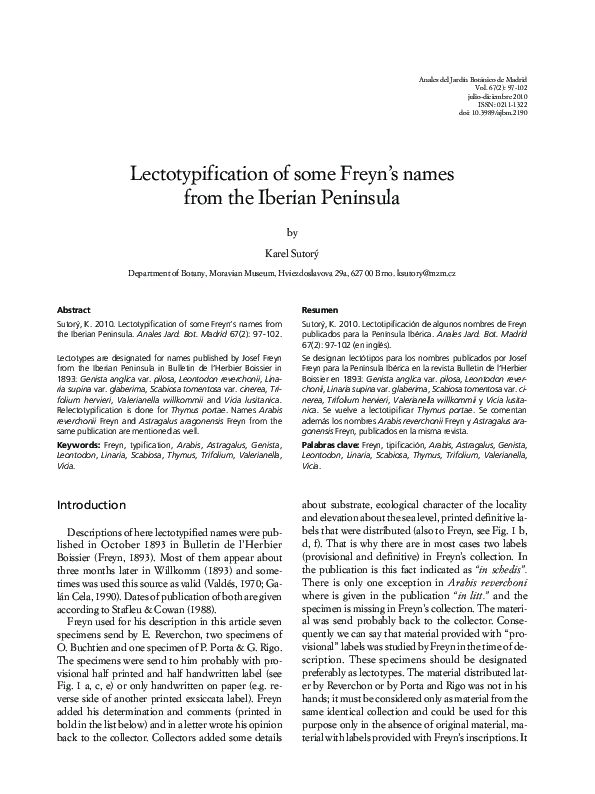(PDF) Lectotypification of some Freyn’s names from the Iberian Peninsula