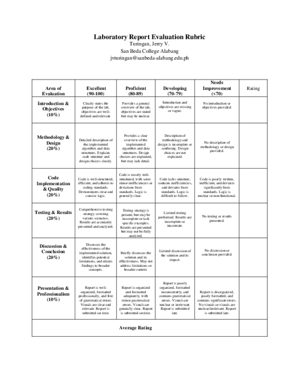 (PDF) Laboratory Report Evaluation Rubric