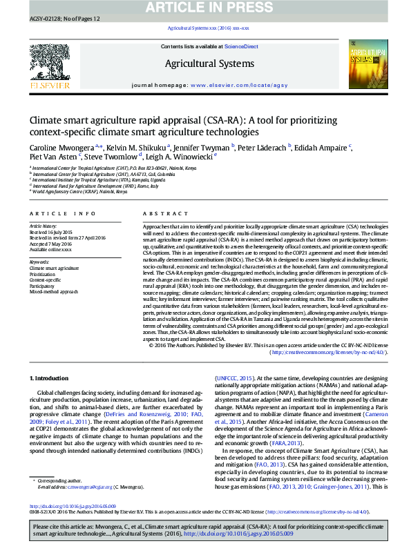 (PDF) Climate smart agriculture rapid appraisal (CSA-RA): A tool for ...