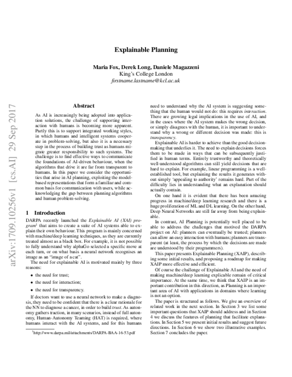 (PDF) Explainable Planning