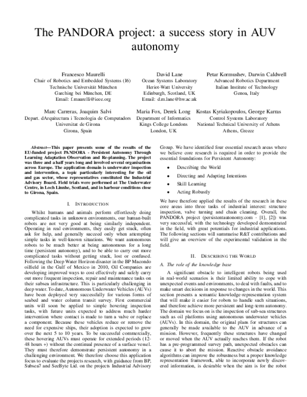 (PDF) The PANDORA project: A success story in AUV autonomy