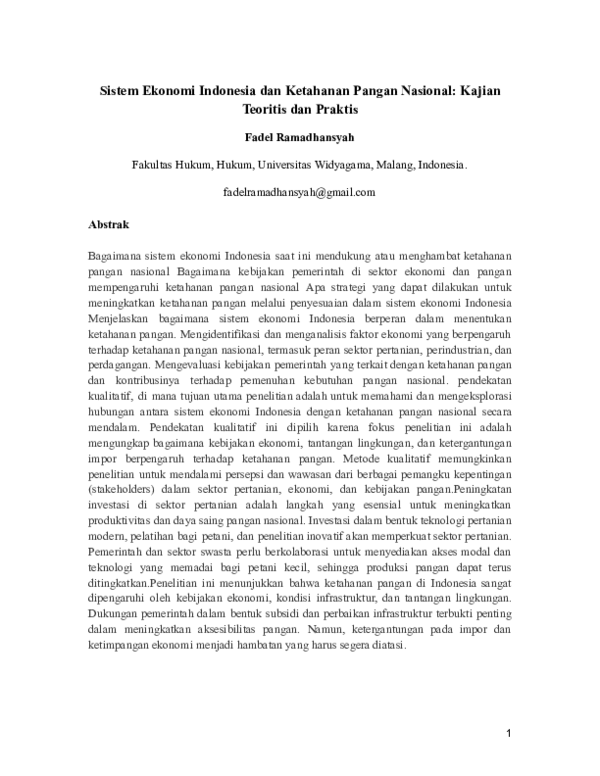 (PDF) Sistem Ekonomi Indonesia dan Ketahanan Pangan Nasional Kajian ...