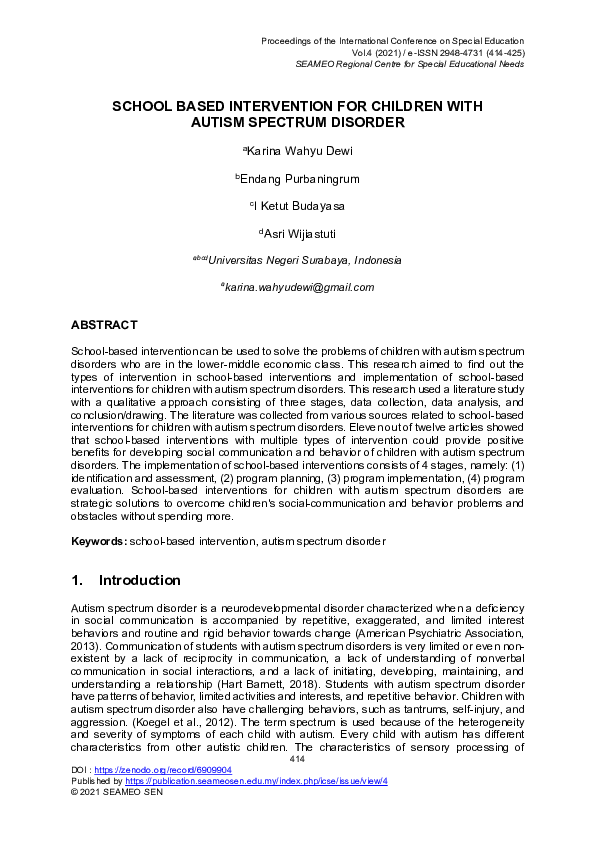 (PDF) School Based Intervention for Children with Autism Spectrum Disorder
