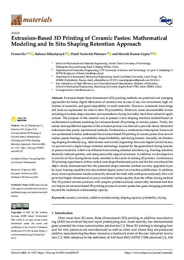 (PDF) Extrusion-Based 3D Printing of Ceramic Pastes: Mathematical ...