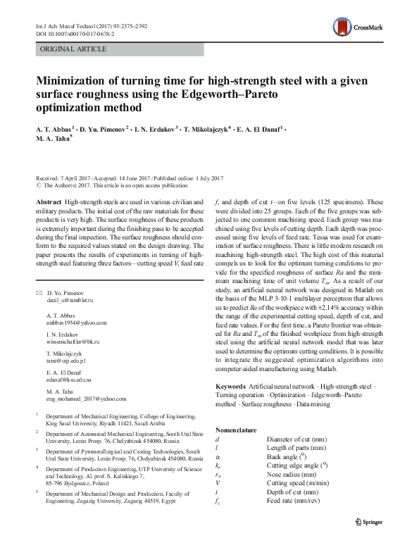 (PDF) Minimization of turning time for high-strength steel with a given surface roughness using ...