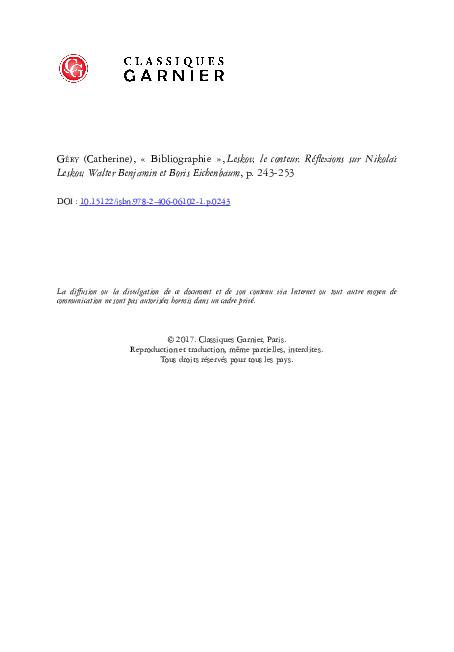 (PDF) Leskov, le conteur. Réflexions sur Nikolaï Leskov, Walter ...