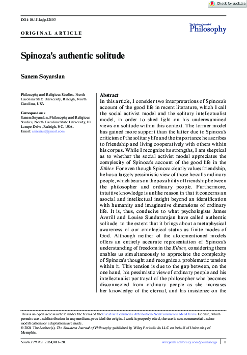 (PDF) Spinoza's Authentic Solitude