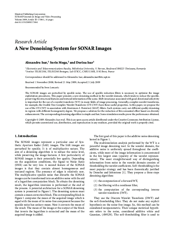 (PDF) A New Denoising System for SONAR Images