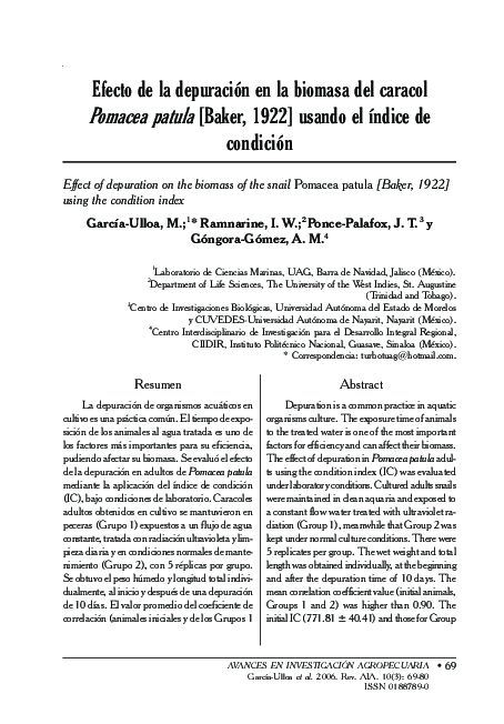 (PDF) Efecto de la depuración en la biomasa del caracol Pomacea patula ...
